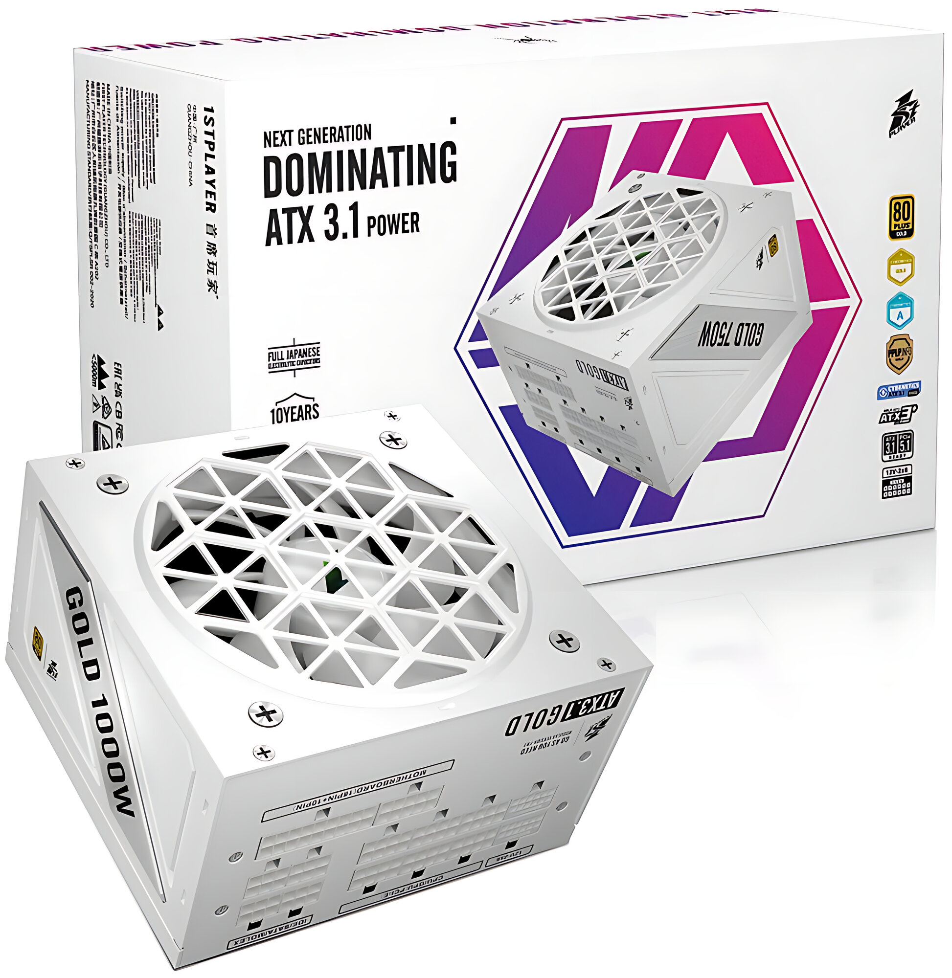 Блок питания 1STPLAYER NGDP 1000W White, модульный, PCIe 5.0, 80 PLUS Gold (HA-1000BA4-WH)