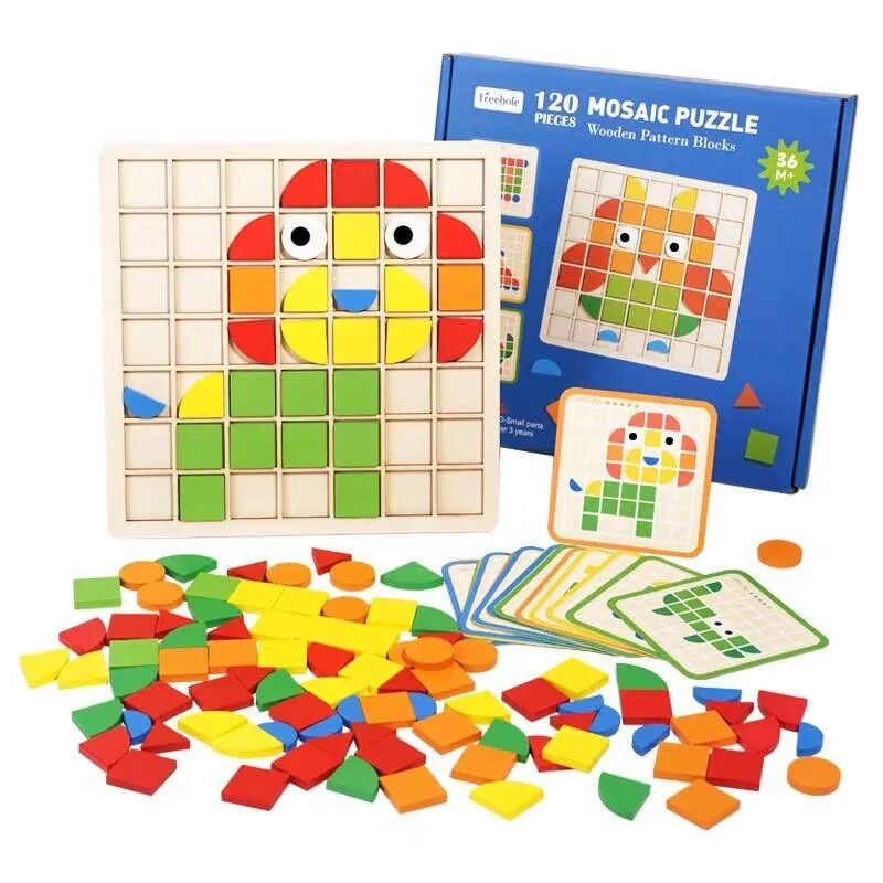 Головоломка 120 Mosaic Puzzle Pieces Wooden Pattern Blocks развивающая игра для детей от 3 лет — фото 1