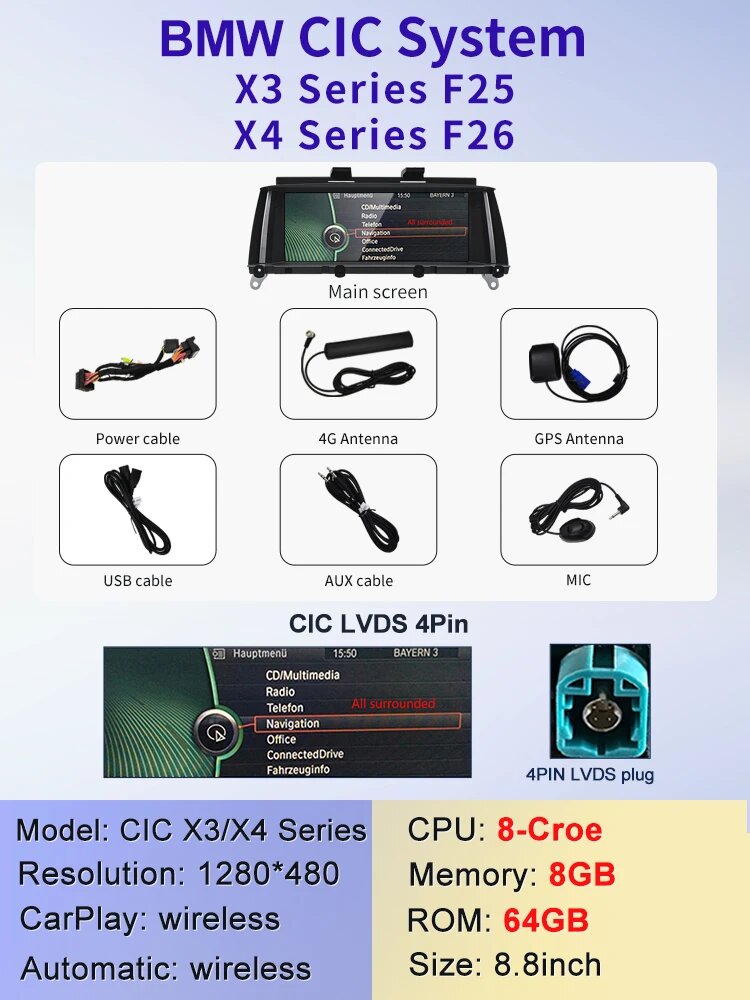 BMW CIC X3 F25 X4 F26 8.8" Android Carplay CIC 8G 64G