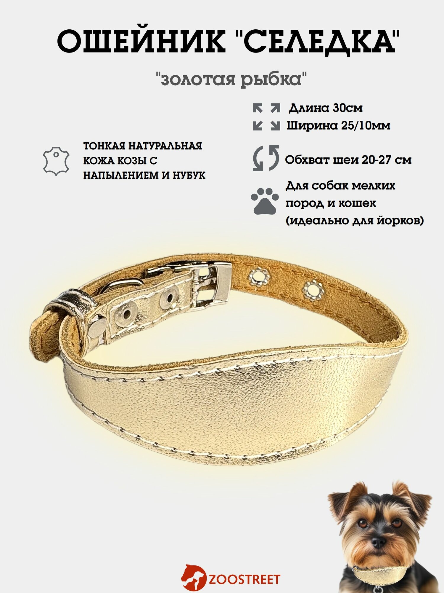 Ошейник селедка для мелких собак и кошек классический золотой для йорка
