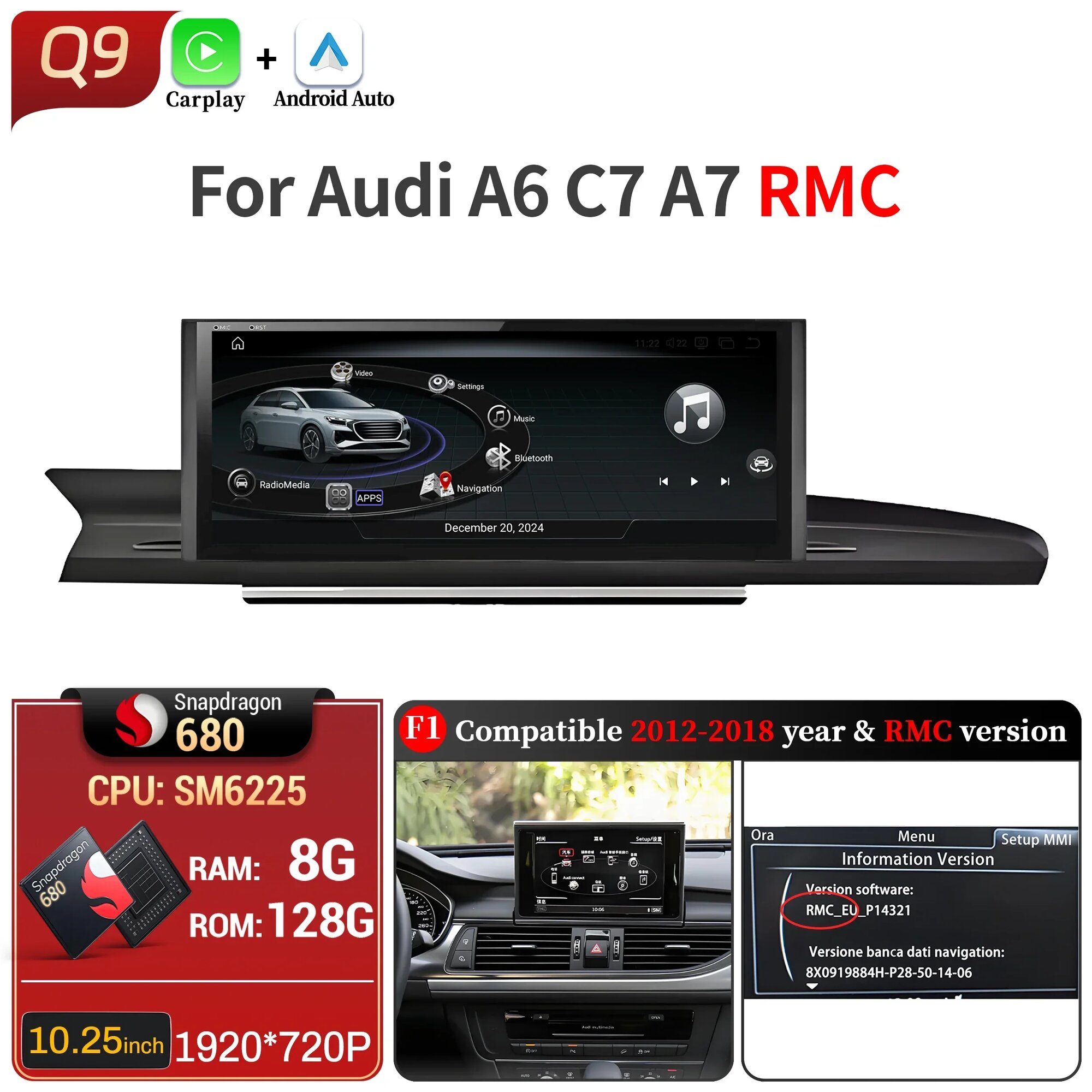 10,25-дюймовый левый руль Android 13 для Audi A6 C7 A7 2012-2018 автомобильный 680 8-128G RMC