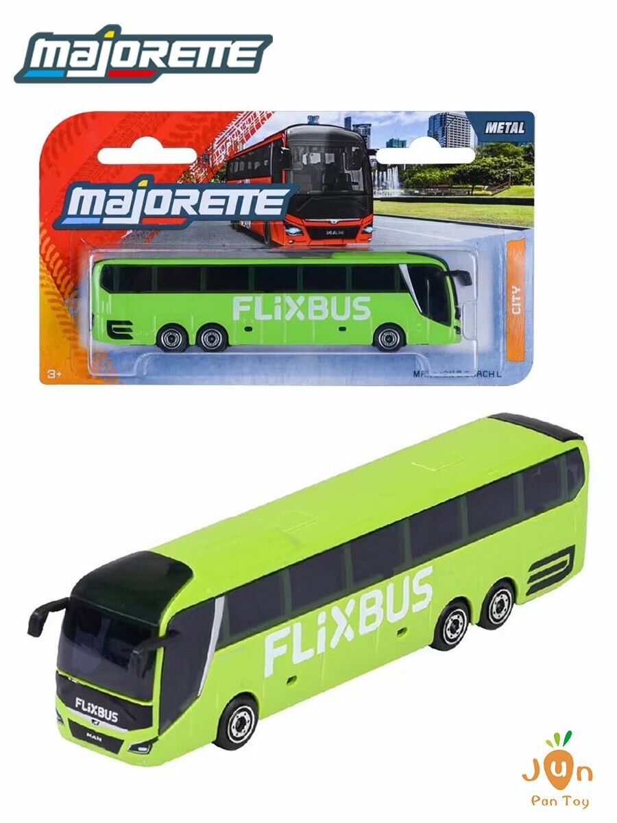 Игрушечный машина Majorette City Bus MAN Lion's Coach L Green / Металлическая игрушечная машинка Туристический автобус для детей, с ярко-зелёной окраской, длиной 13 см, в подарок на день рождения.