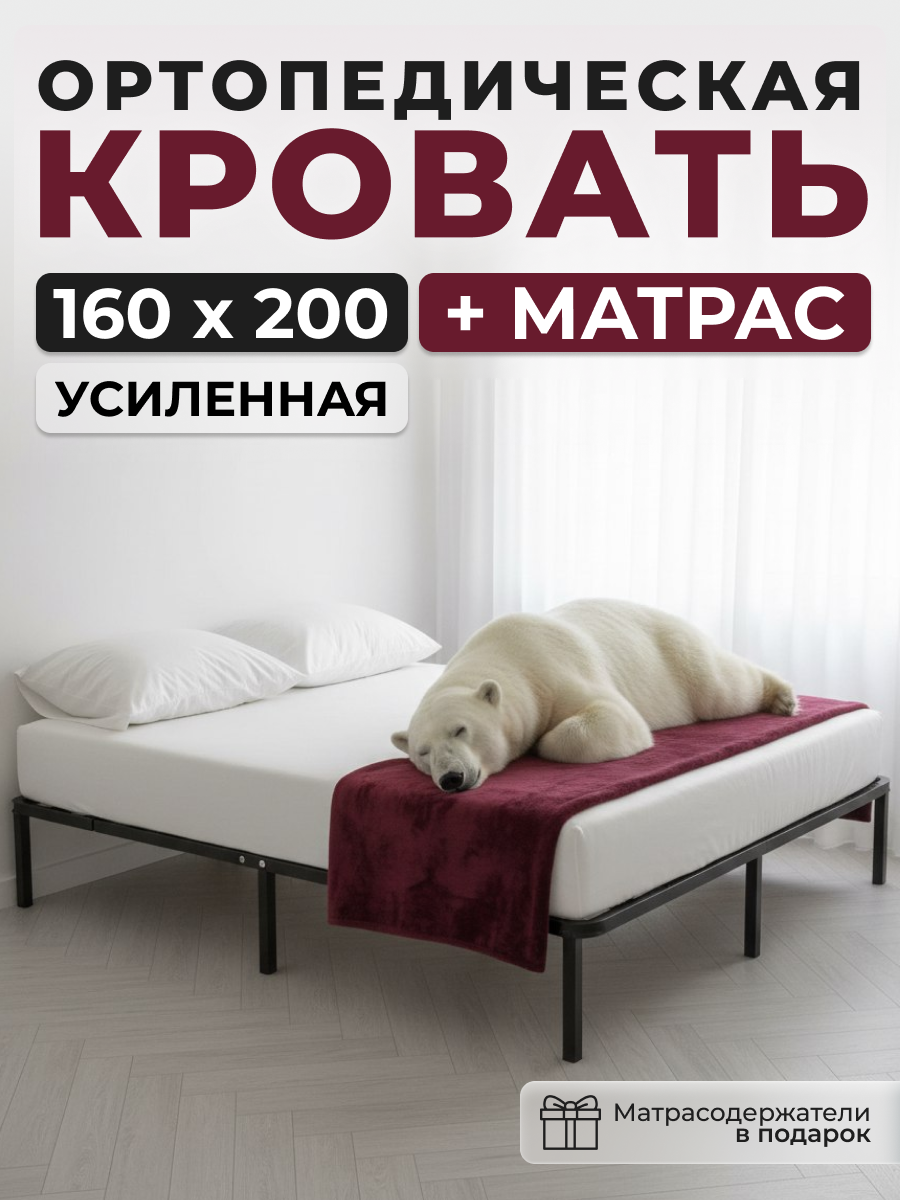 Кровать без спинки Alicia и матрас 160х200, металл, ортопедическое ламельное основание, черная усиленная