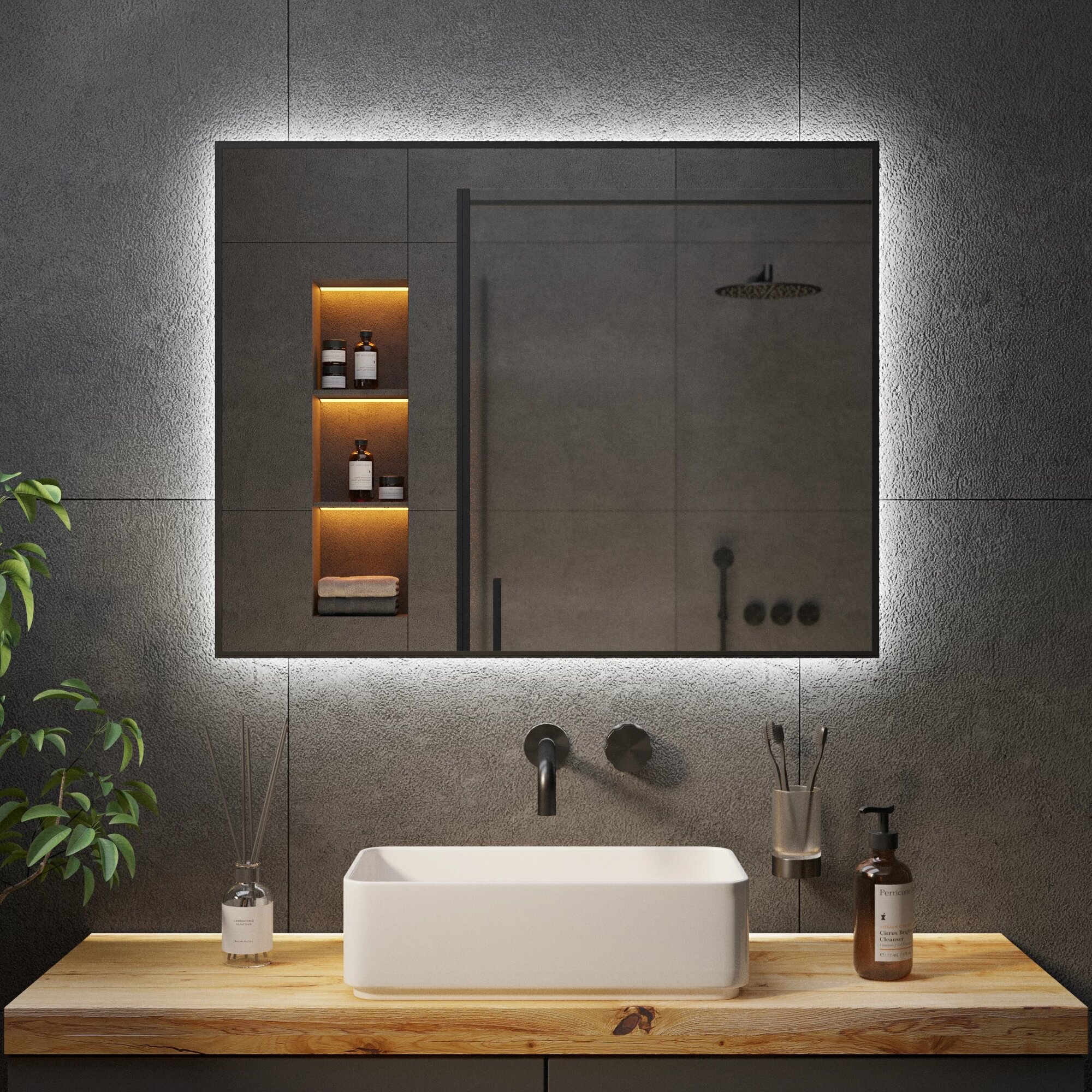 Зеркало в чёрной алюминиевой раме 08 с интерьерной подсветкой 50х100 см