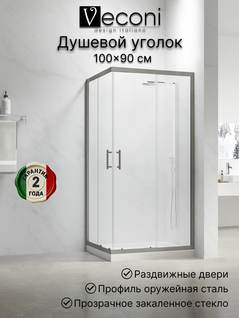 Душевой уголок Veconi Rovigo RV-27GM 100х90, стекло прозрачное, профиль оружейная сталь RV27GM-10090-01-C8