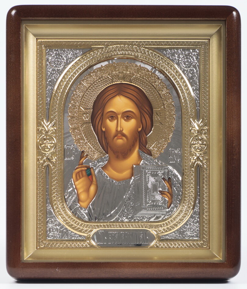 Спаситель. Икона писанная в киоте 18х24 фигурный, темпера, риза объёмная, никель, золочение. Софрино.
