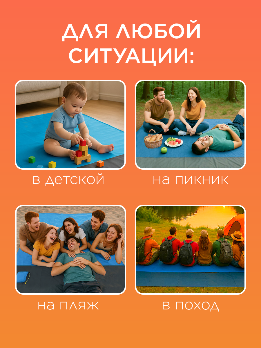 Пляжный коврик туристический 140х200 см синий/ складной, водонепроницаемый ковер для пляжа и пикника