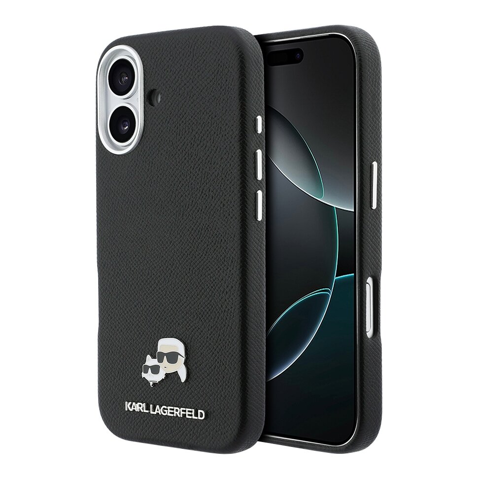 Karl Lagerfeld чехол с MagSafe для iPhone 17, кожа PU Saffiano FW, NFT Karl&Choupette metal & Camera, черный