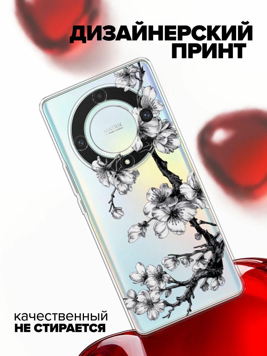 Силиконовый чехол на Honor X9A / Хонор X9A с принтом Ветка сакуры серая — фото 1