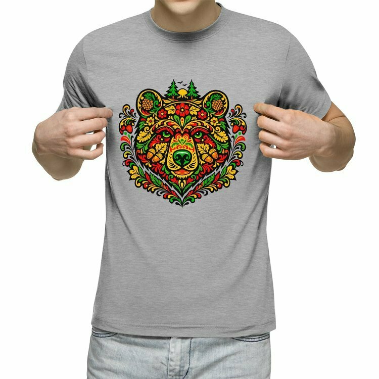 Мужская футболка «Хохлома: Медведь дух леса в русском узоре» (серый меланж, M)