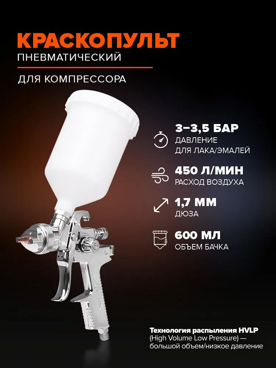 Краскопульт REMIX дюза 1,7 мм с верхним бачком 600 мл пневматический профессиональный краскопульт для компрессора