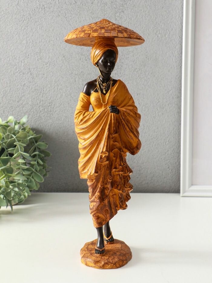 Фигура полистоун Африканка в горчичном наряде, в шляпе , 11.5 11.5 33.5 см
