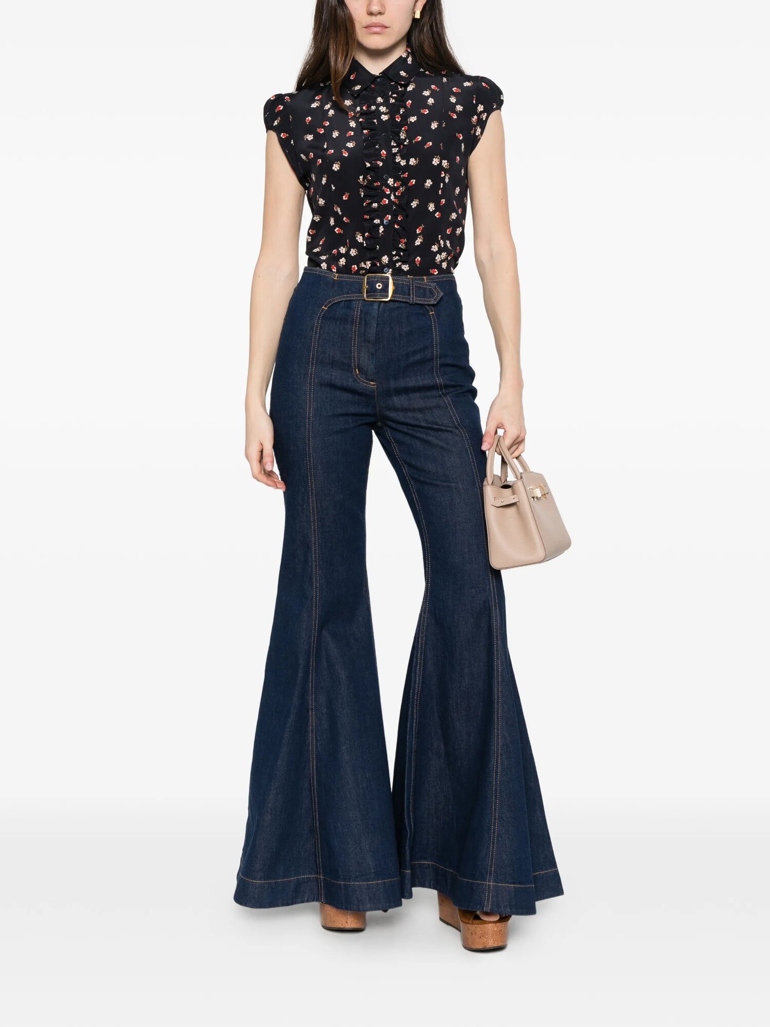 Топ Max Mara Canale flower-print ruffled top, размер 42, синий — фото 1
