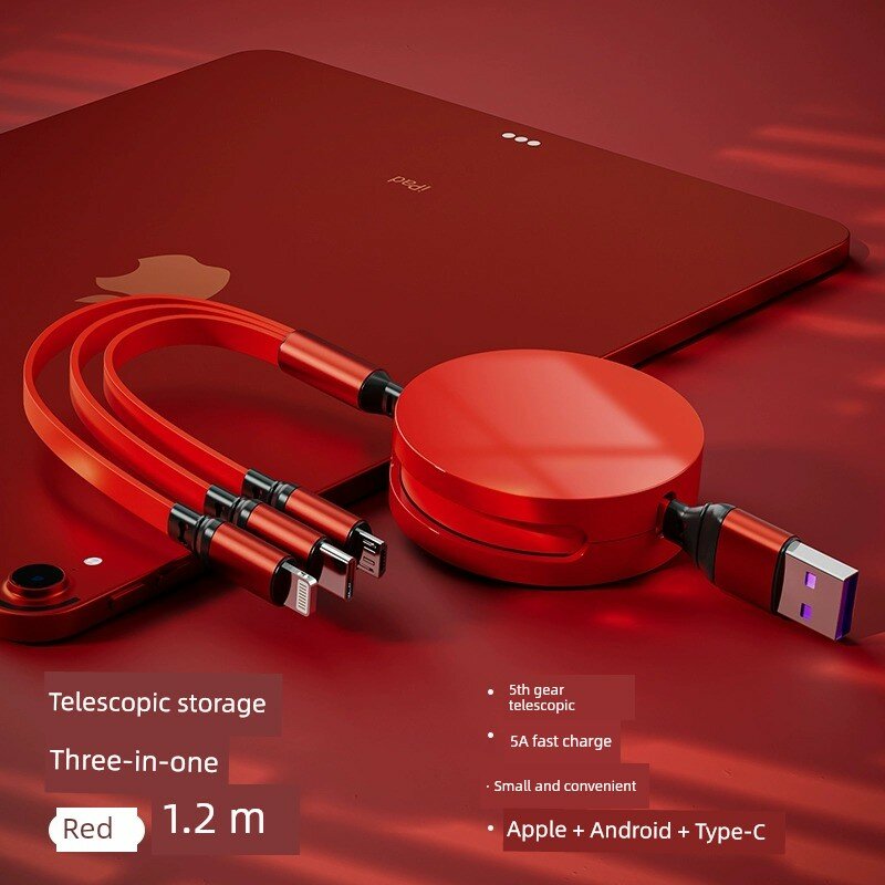 1.2 м 100 Вт быстрая зарядка 3 в 1 USB-C кабель для iPhone и Android, красный