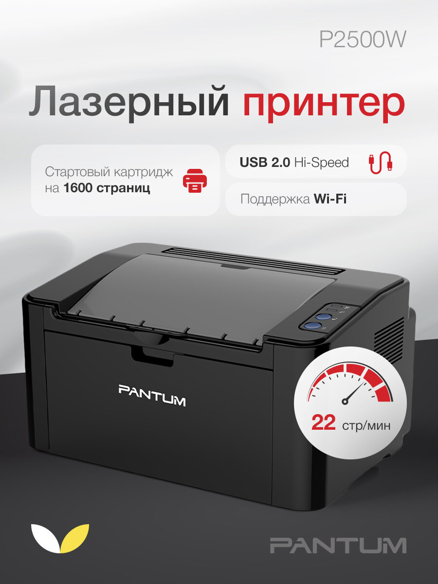 Принтер лазерный Pantum P2500W, черно-белая печать, A4, Wi-Fi, цвет черный (P2500W)