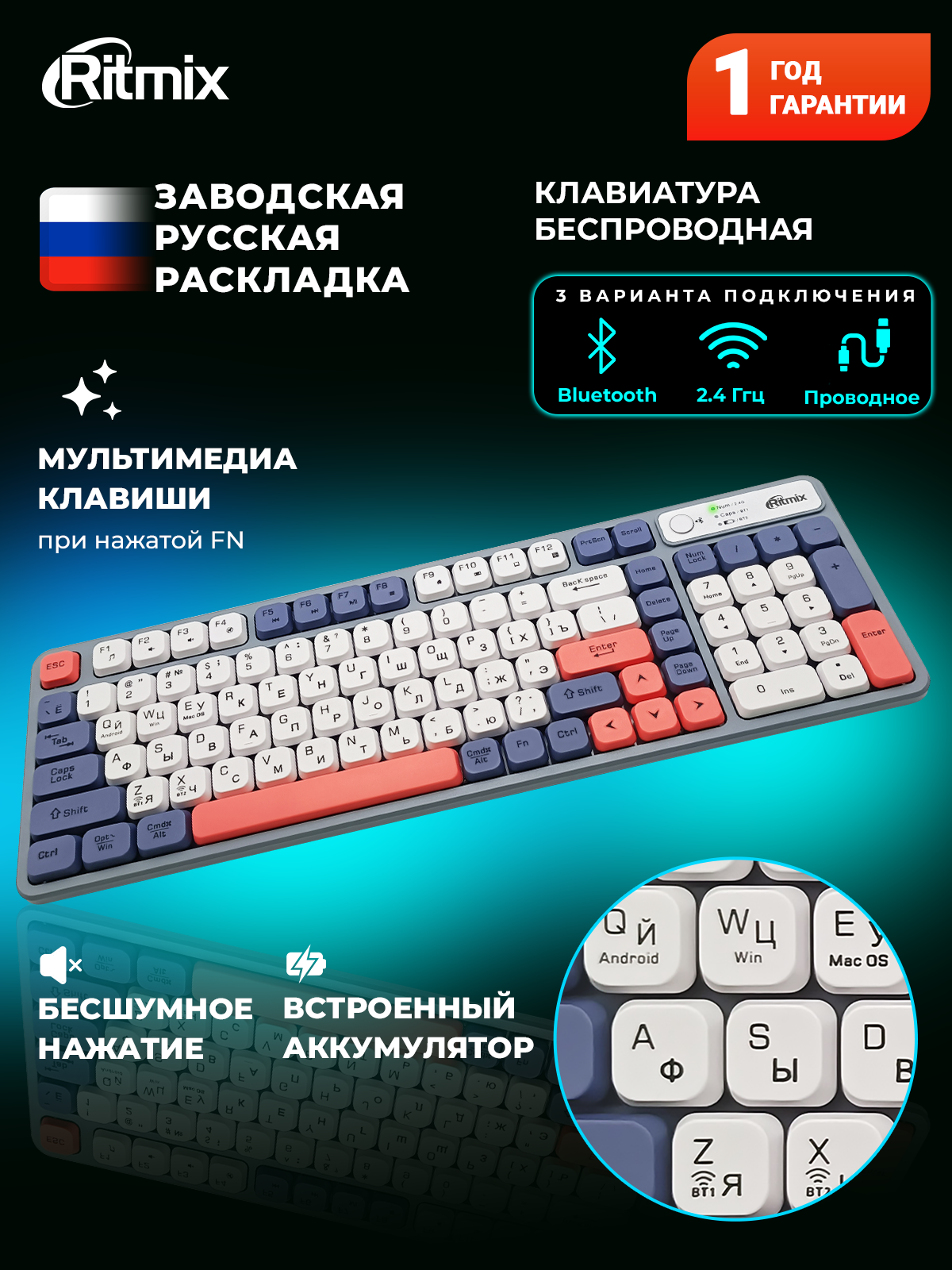 Клавиатура Ritmix RKB-504W, беспроводная, подключение: беспроводное 2,4Ггц/Bluetooth, проводное