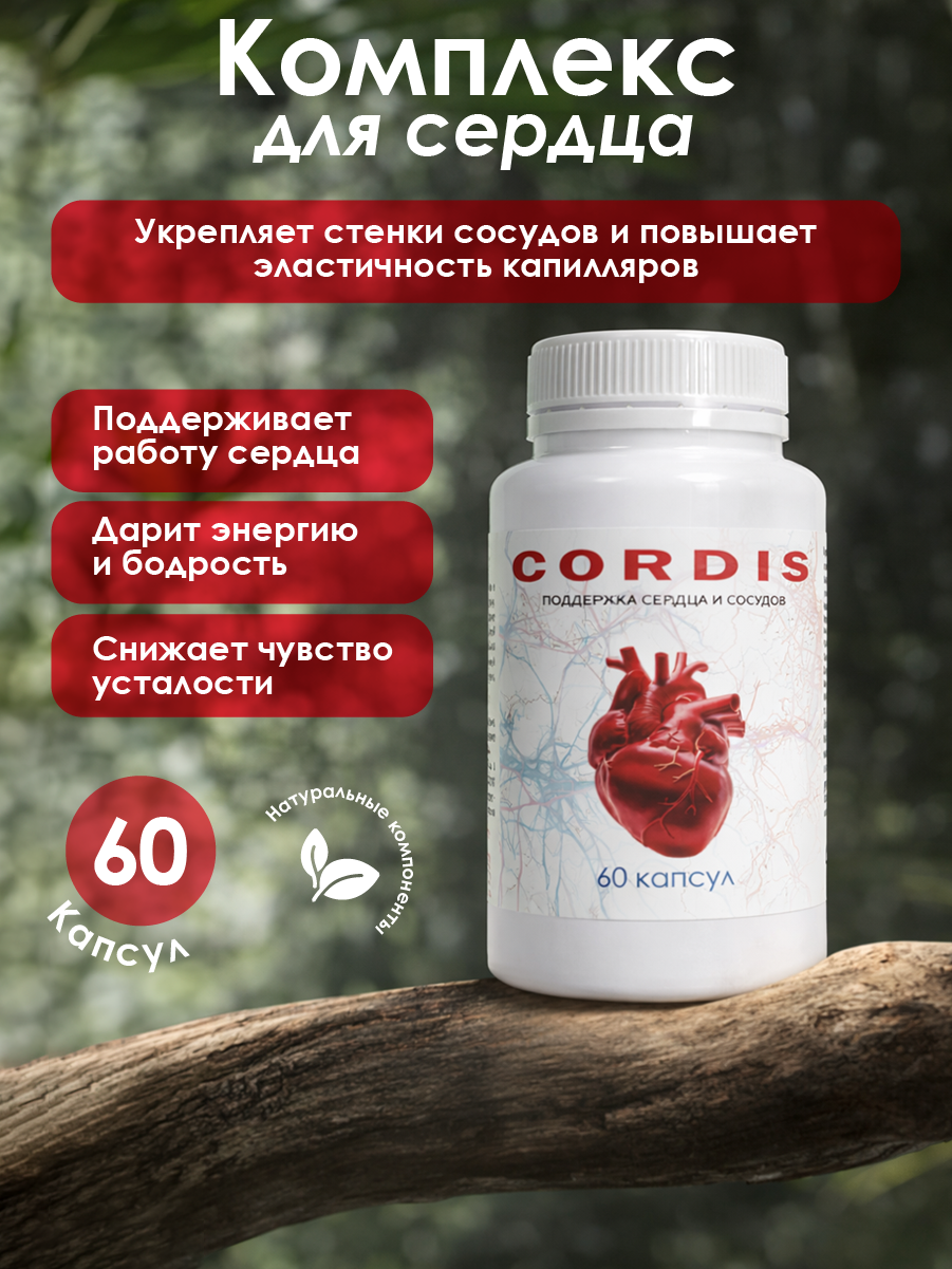 Cordis Meridian: Средство для сердечно-сосудистой системы, натуральный состав, 60 капсул