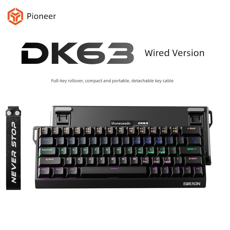 Механическая клавиатура для игр DK63 с переключателем Cherry MX Blue, 63 клавиши, проводная, черная с RGB подсветкой