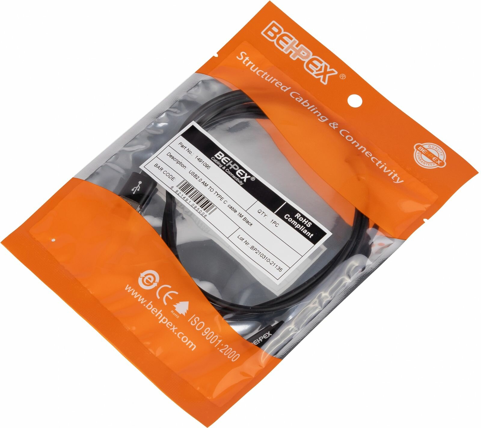 Кабель USB m-USB Type-C m, 1 м, черный