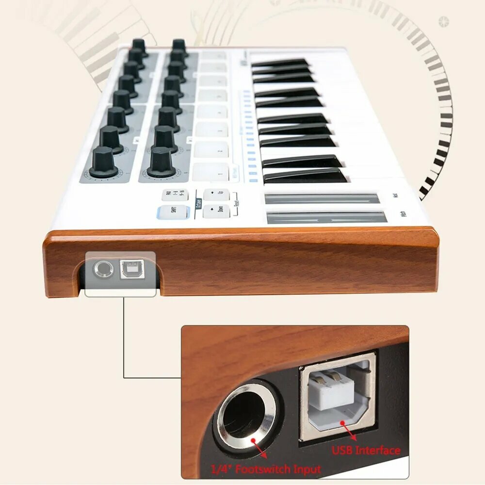 Worlde Компактный 25-клавишный USB MIDI-контроллер с пэдами для создания музыки