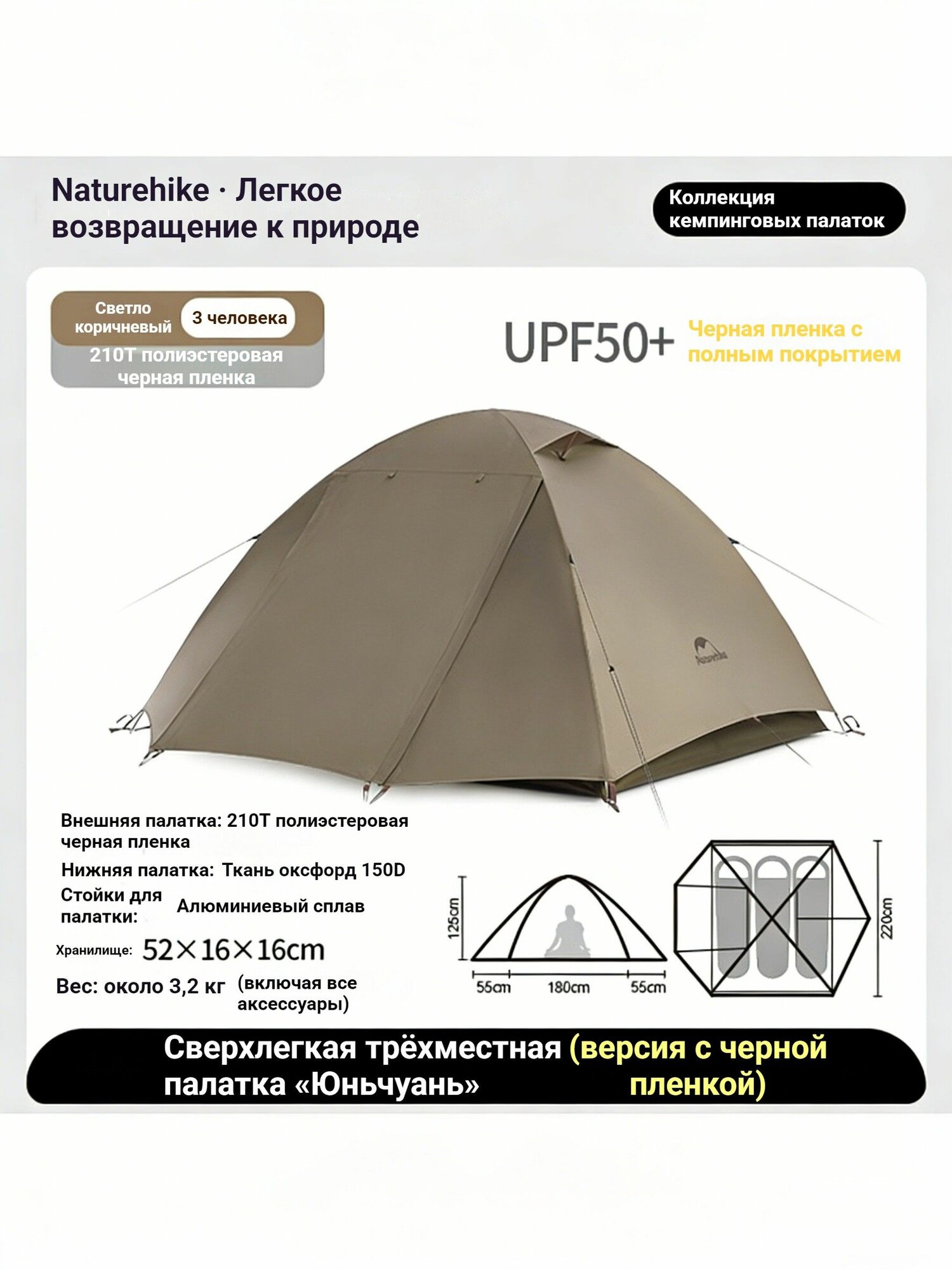 Naturehike Палатка туристическая с черным покрытием, затемняющая CNK2300ZP024