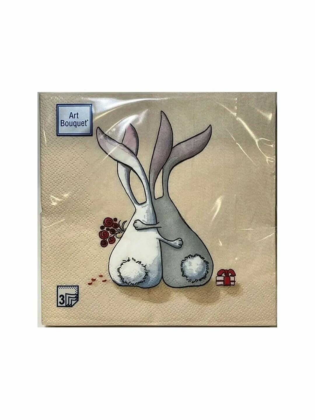 Салфетки бумажные трехслойные "Art Bouquet Сердечки" Влюбленные зайцы, 33х33 см, в пачке 20 штук
