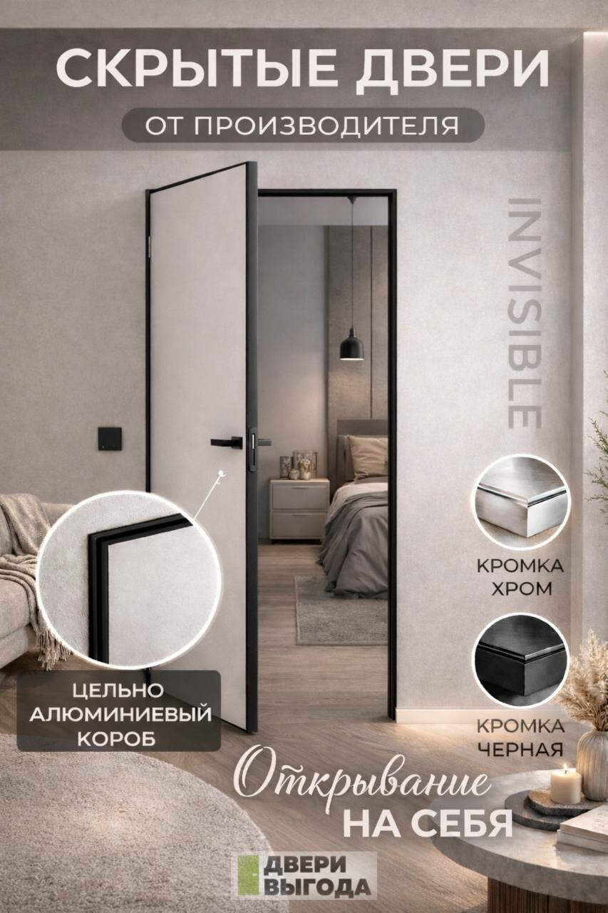 Скрытая дверь invisible 900x2000, алюминиевый короб, под покраску, комплект с петлями и магнитным замком черная кромка (Л) наружу