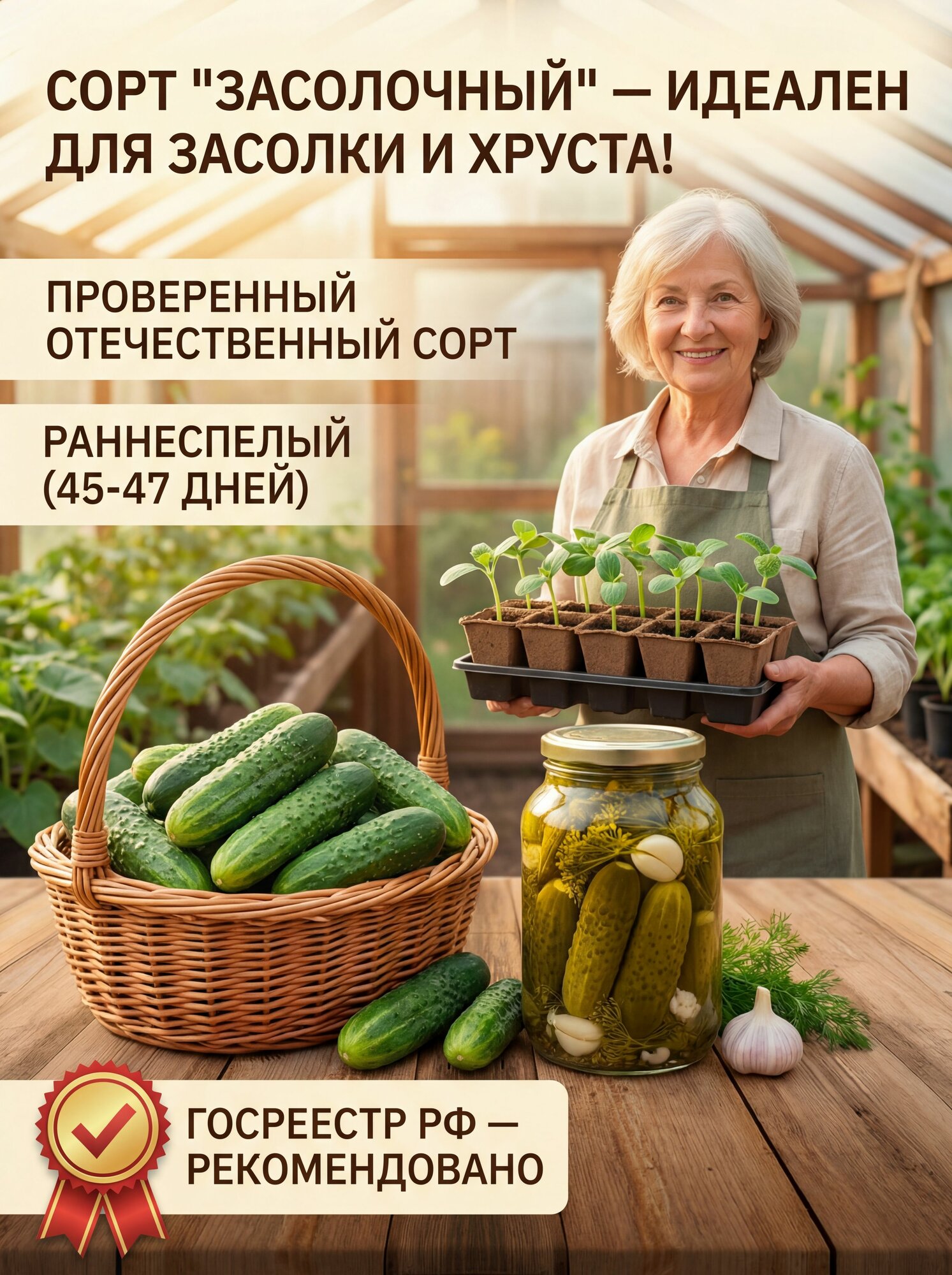 Огурец засолочный Раннеспелый 45-47 дней, пчелоопыляемый сорт для открытого грунта, плоды 100-125 г, крупнобугорчатые, черношипые, идеальны для засолки и свежих салатов