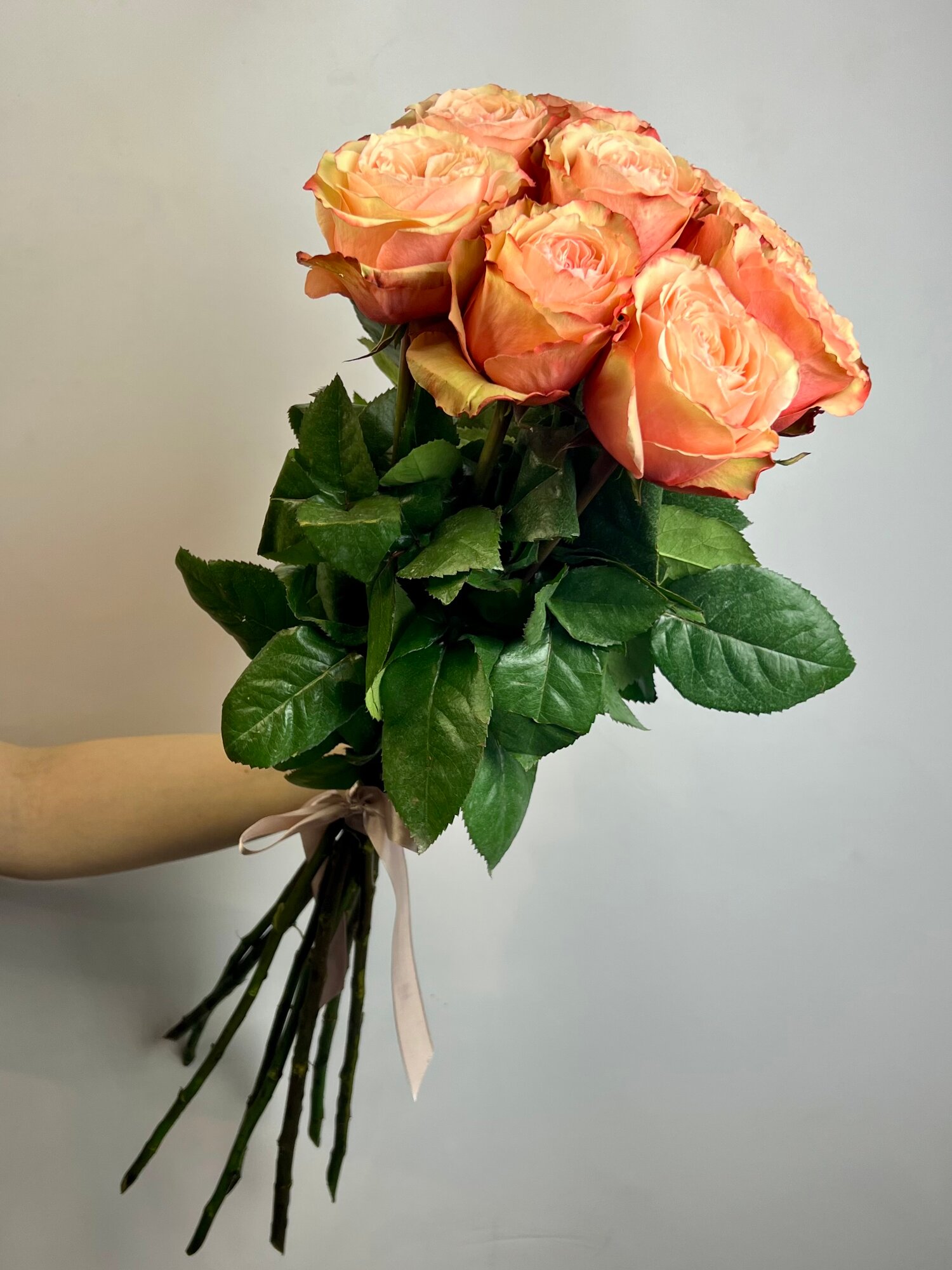Яркий и романтичный монобукет из 9 пионовидных роз сорта Кахала в персиковом оттенке