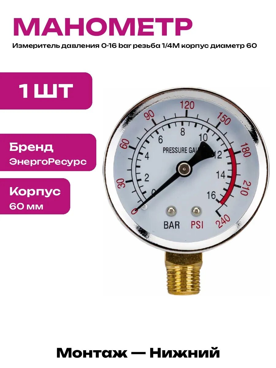 Манометр технический 0-16 бар резьба G-1/4 нижняя диаметр 60