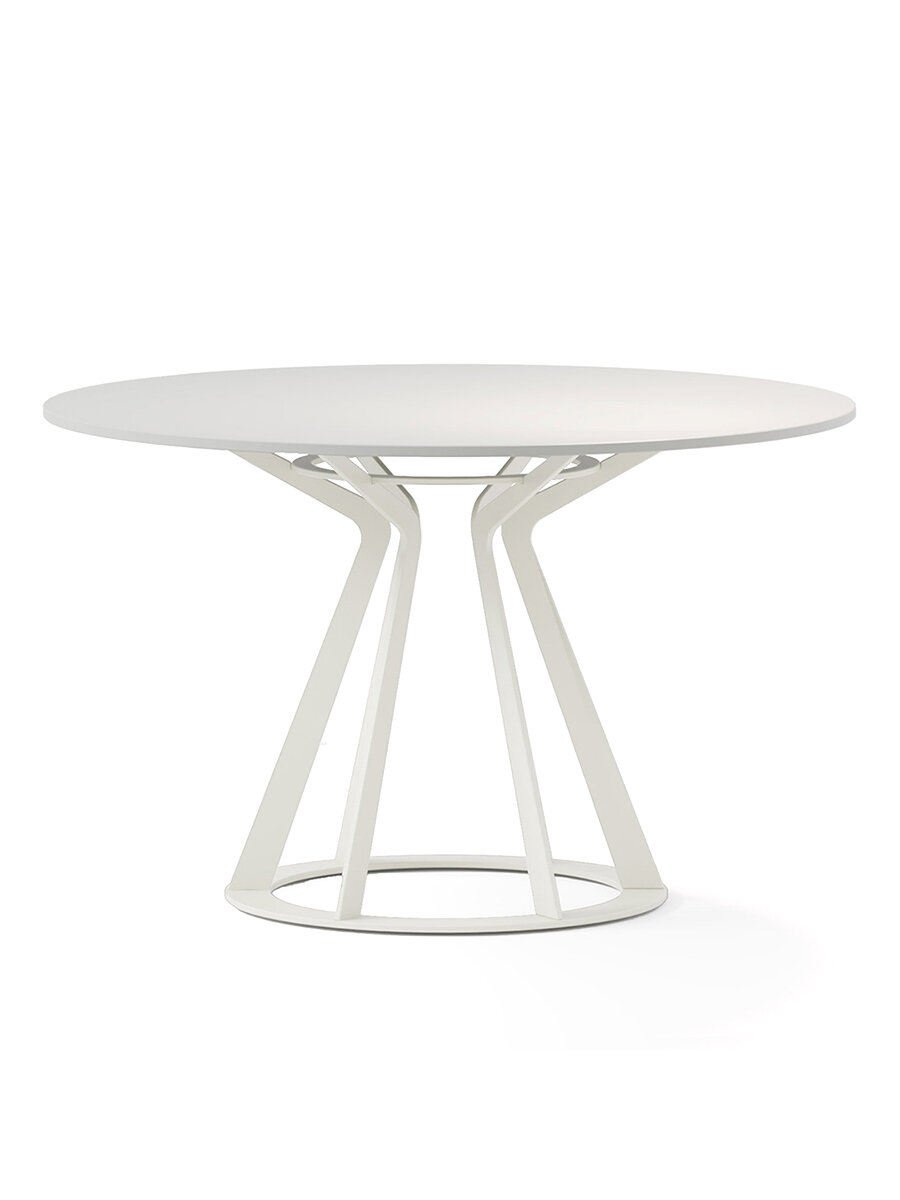 Стол Меркури белый матовый на белой металлической опоре, диаметр 120 см