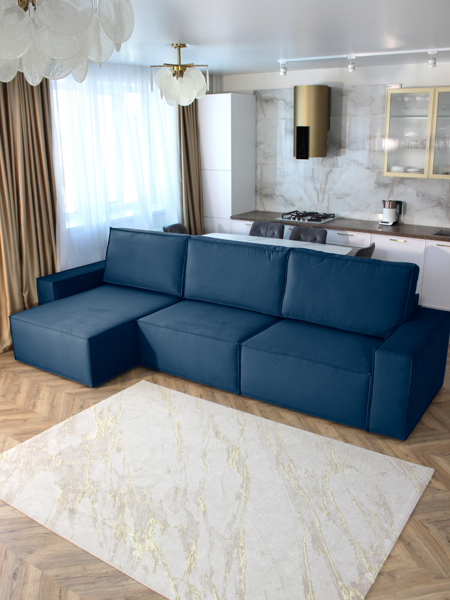 Диван-кровать угловой Конер синий, левый угол, Еврокнижка, 350х155х65 см