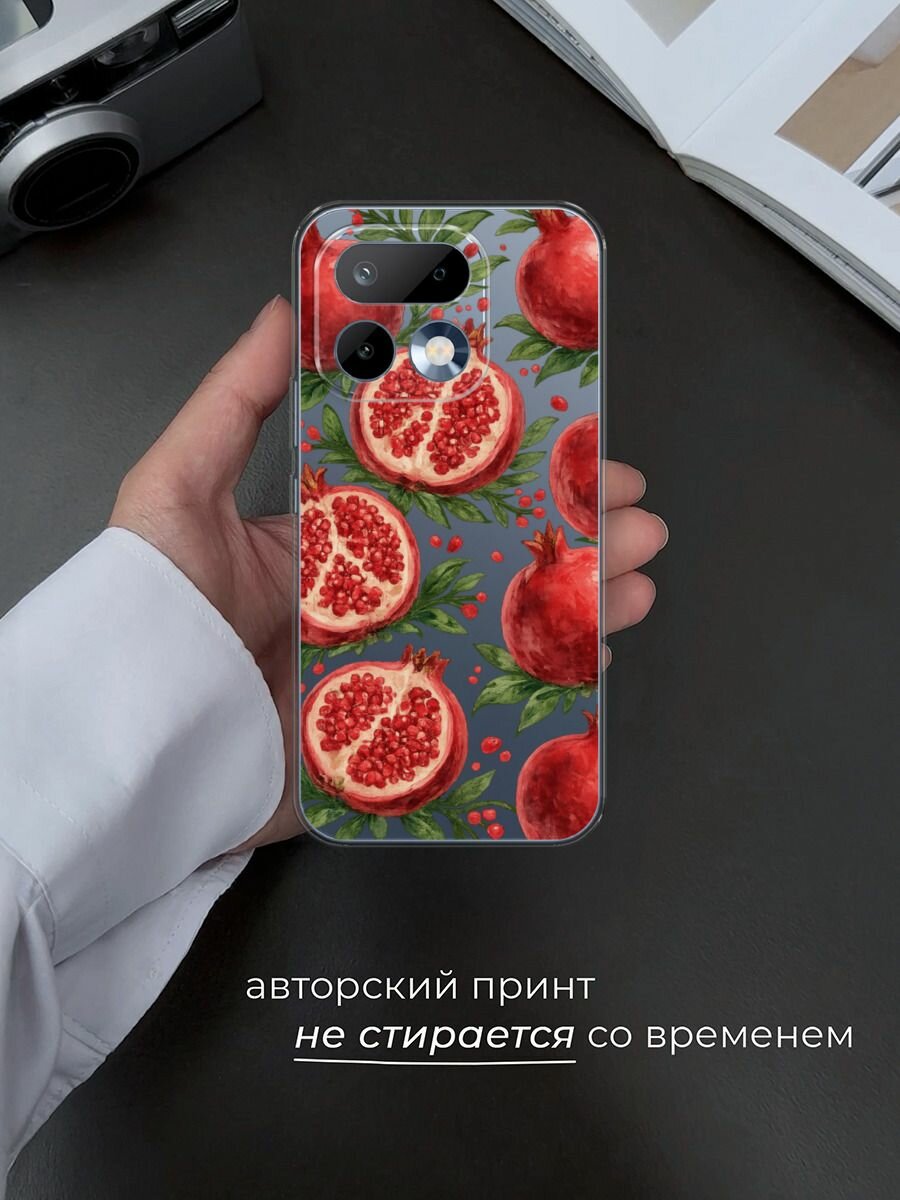 Чехол на Realme 16 Pro / Реалме 16 Про с принтом Гранат с листьями, прозрачный — фото 1