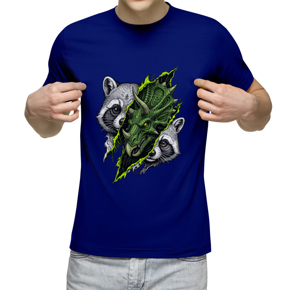 Мужская футболка «Трицератопс и енот» (синий, 2XL)