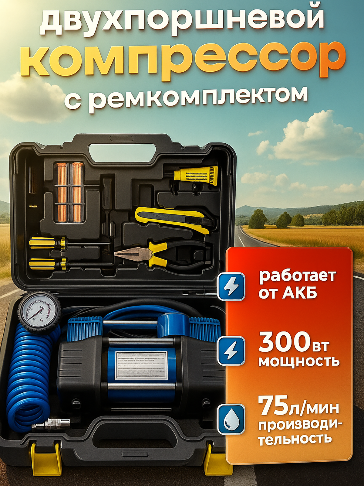 Компрессор автомобильный, компрессор двухпоршневой для подкачи шин, 12 вольт, от аккумулятора, с ремкомплектом, 300 Вт, 75 л/мин