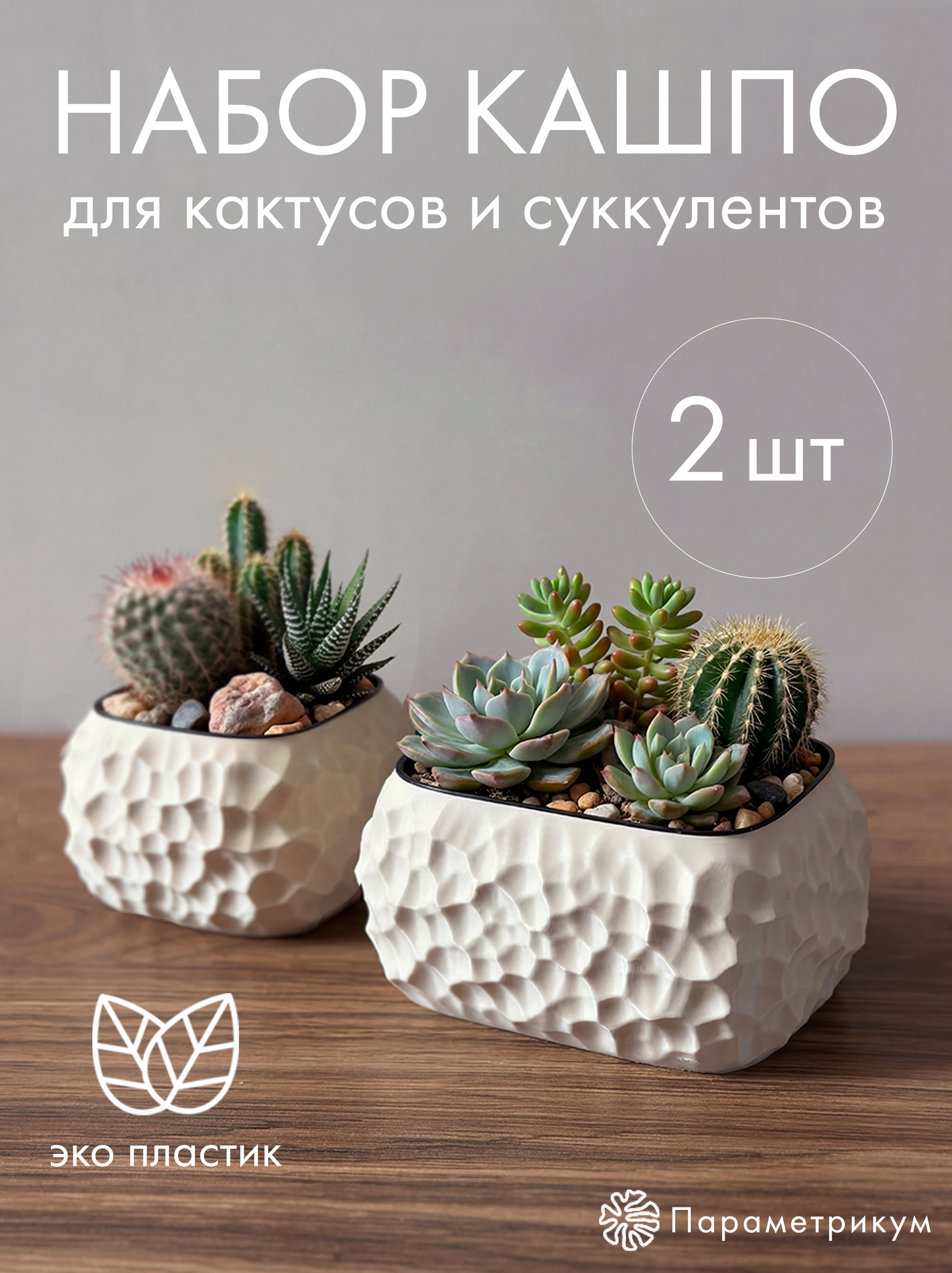 Набор кашпо для кактусов и суккулентов с дренажной вставкой, 2 шт