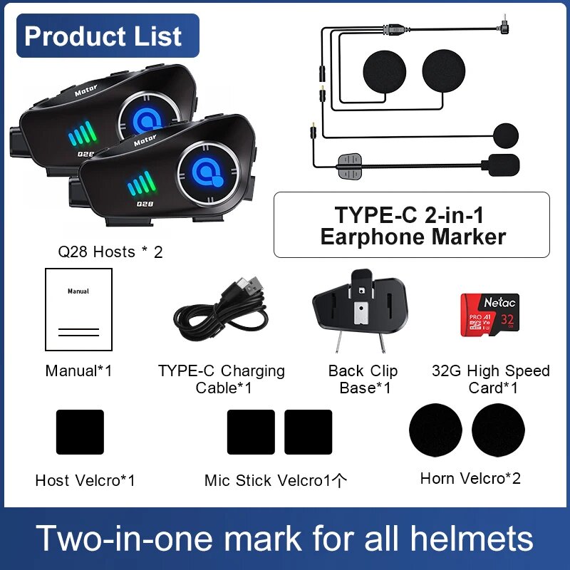 Q28 Гарнитура для мотоциклетного шлема Bluetooth Hands Free Call Водонепроницаемый 2pcs 2 in 1 Mic