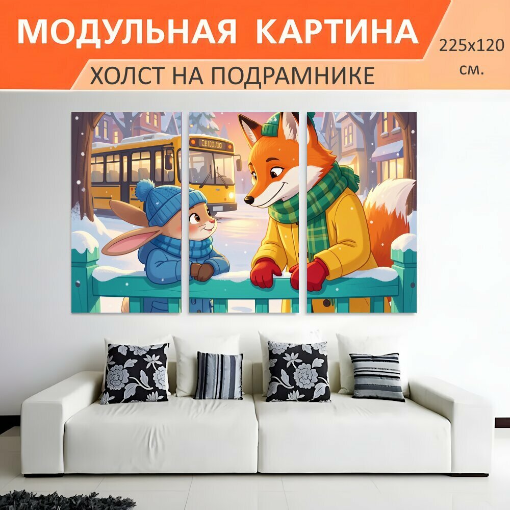 Модульная картина на холсте "Лиса и заяц зимой. Сказочная зимняя сцена в уютном пригороде: рыжий зверь в жёлтом пальто и зелёном." триптих на подрамнике 225х120 см. для интерьера