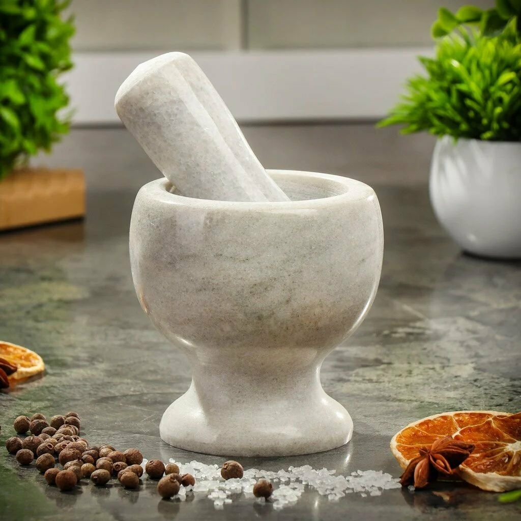 Ступка и пестик из натурального мрамора для специй и трав, 10х8.5 см, кухонный набор Y3-1090, белый камень