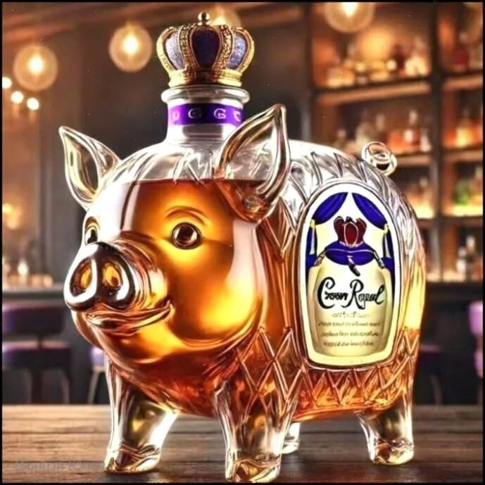 Графин Crown Royal в форме свиньи 0.3 л для виски, коньяка из стекла, золотистый — фото 1