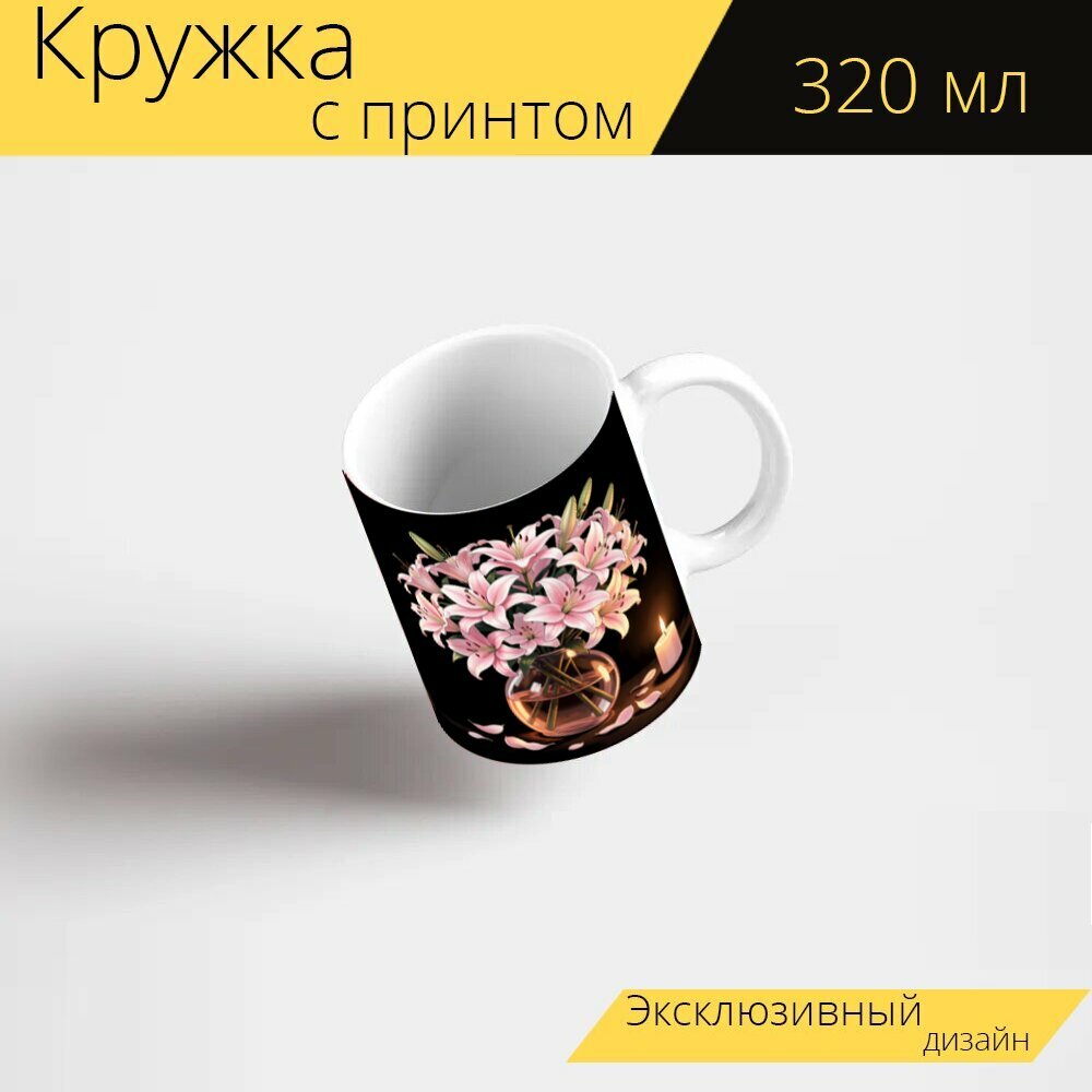 Кружка с рисунком, принтом "Розовые лилии в вазе со свечой. Нежная цветочная композиция в реалистичной цифровой стилистике: крупные лилии пастельно-розовых оттенков в." 320 мл.