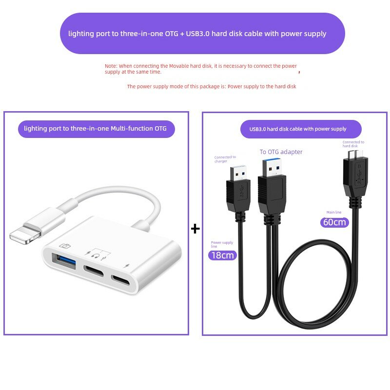 3-в-1 OTG-адаптер для iPhone/iPad с USB 3.0 Y-питанием и портом для зарядки