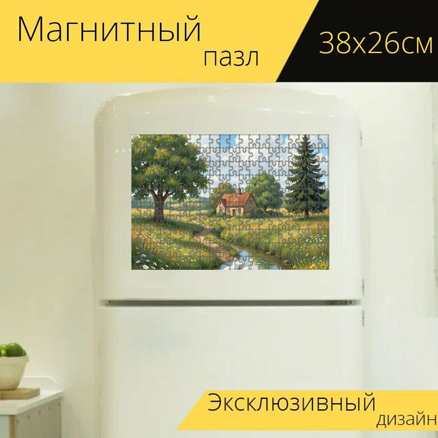 Магнитный пазл "Деревенский пейзаж с лугом и гусями. Уютная сельская сцена в живописной иллюстрации: домик среди деревьев, извилистый ручей, цветущий луг." для интерьера, 38х26 см.