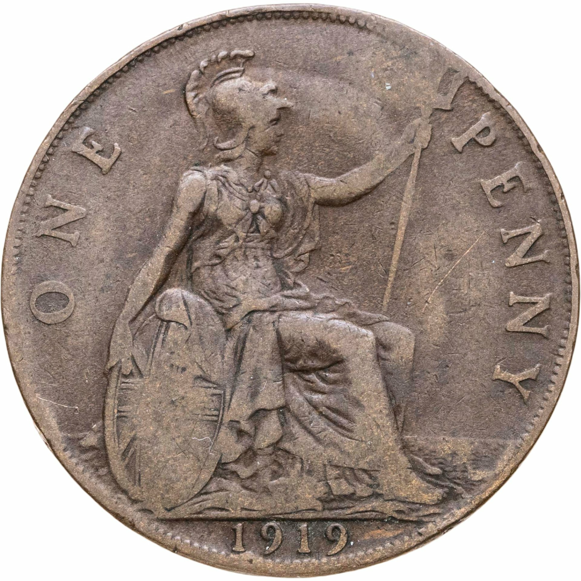 Великобритания 1 пенни penny 1919 Без отметки монетного двора, Бронза, в сохранности VF