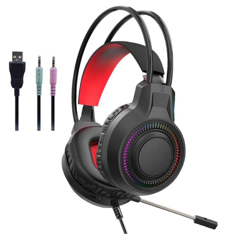 Игровые гарнитуры с USB-подсветкой RGB, глубокими басами и микрофонами с шумоподавлением для ПК, компьютера, мягкие подушечки для ушей из пены с эффектом памяти, регулируемая подвеска на голову