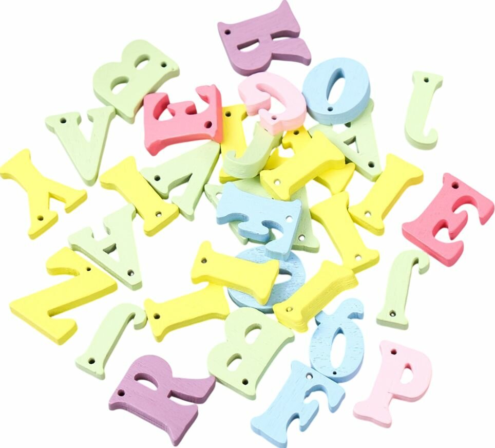 Бусины-буквы деревянные 15 мм "Английский алфавит" для творчества, набор разноцветных бусинок для рукоделия, бусинки пришивные из дерева - 30 штук