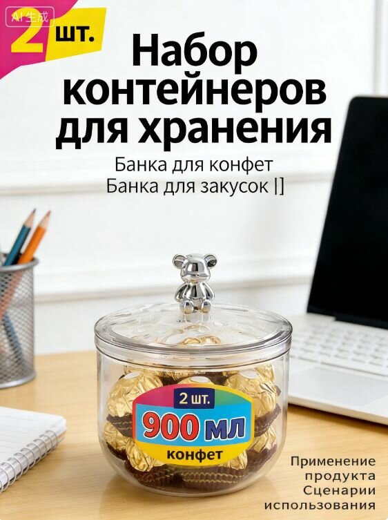 Банка для сыпучих продуктов, 900 мл, 2 шт