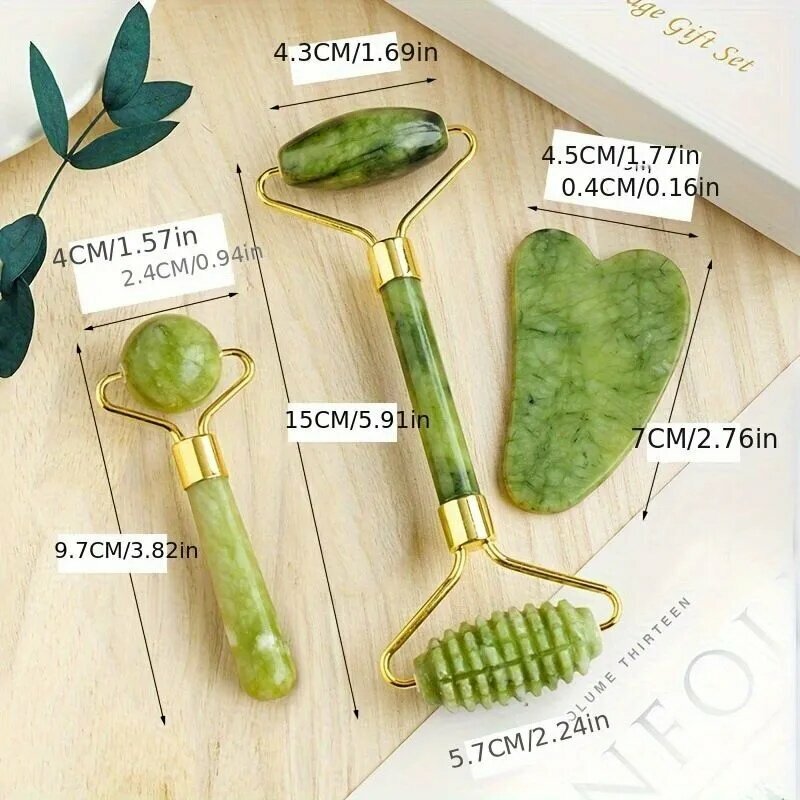 Набор для массажа лица из нефрита 3 в 1: Роллер и скребок Гуаша, средство от отеков под глазами, утренний лифтинг