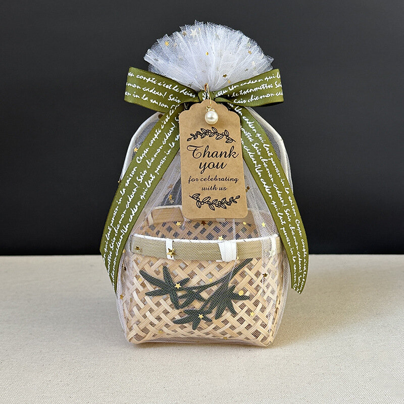 Корзина Zhu Yun из ротанга круглой формы с звездной тканью и лентой для фруктов, ягод и закусок - подарочная ручная