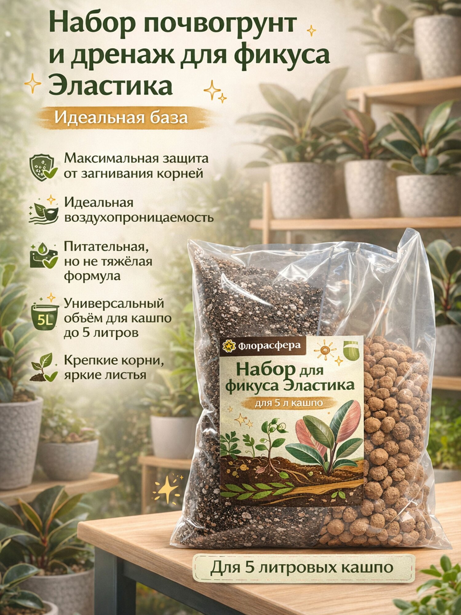 Набор почвогрунта и дренажа Флорасфера "БиоБаза", для фикуса, для кашпо, 5л
